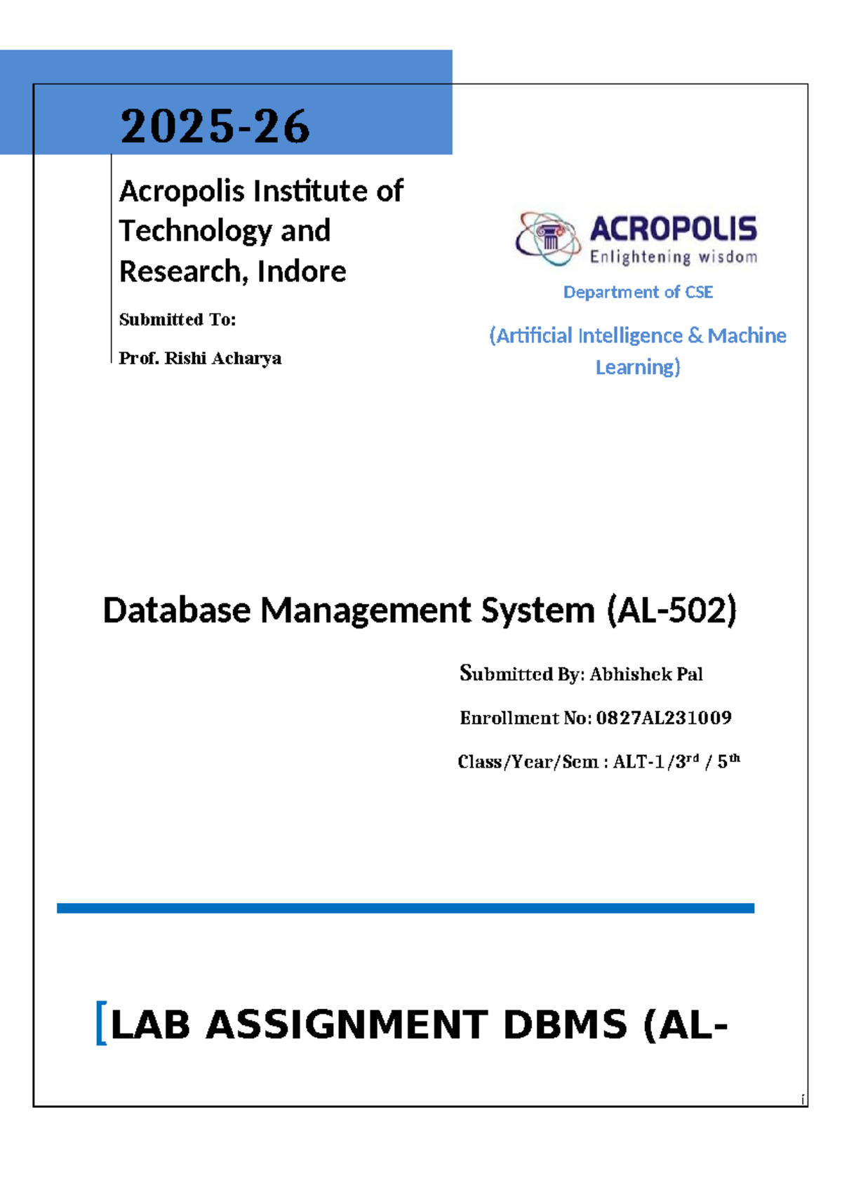 DBMS AL502 Lab Manual: Practical Exercises and Guidelines - Studocu