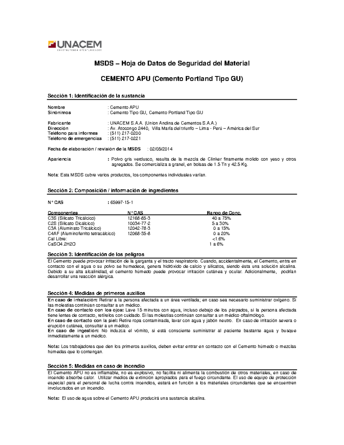 MSDS - Cemento APU Tipo GU (Cement Safety Data Sheet) - Studocu