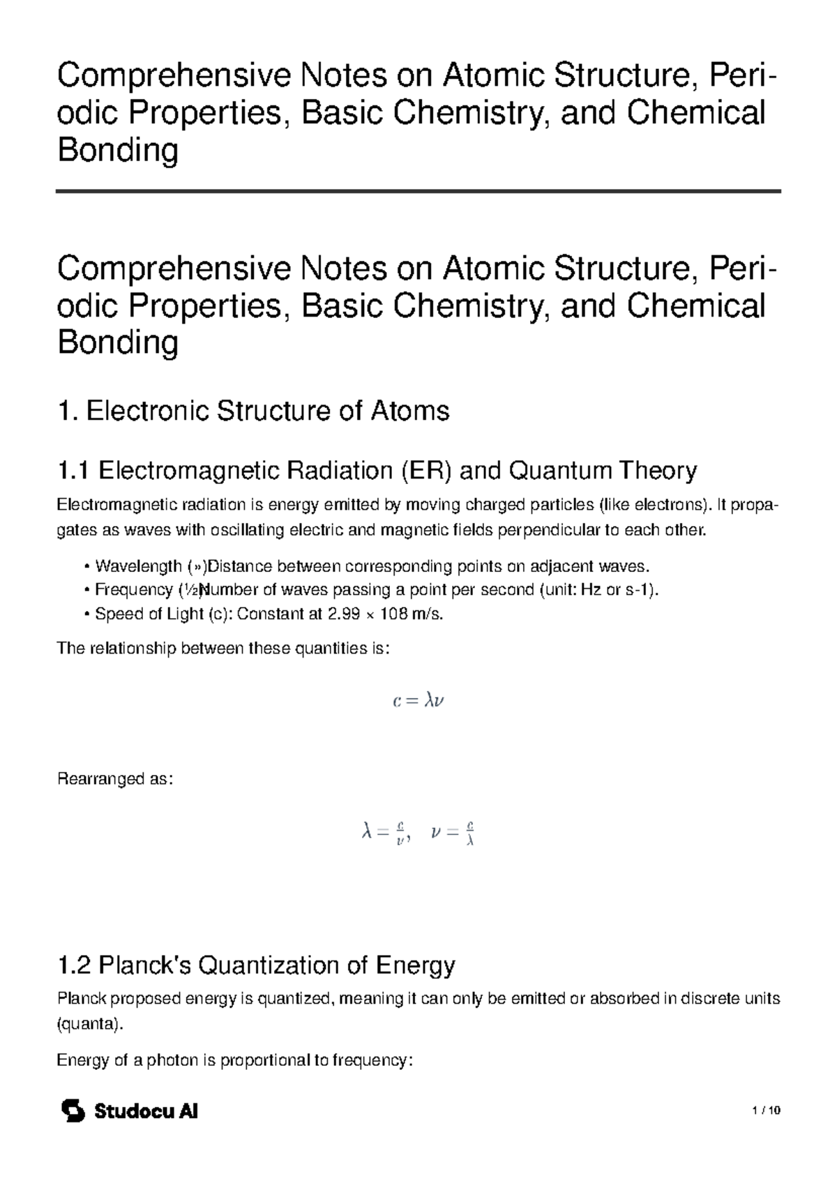 Comprehensive Notes on Atomic Structure and Chemical Bonding - Studocu