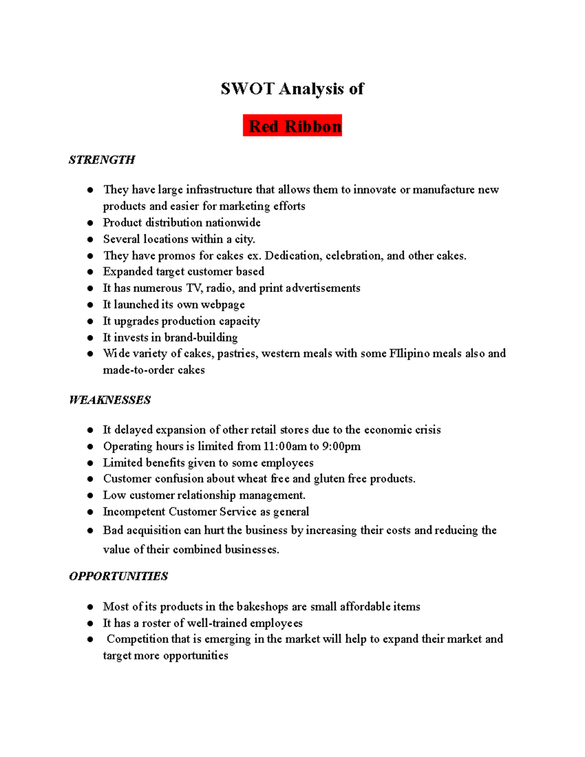 Auza - okay - SWOT Analysis of Red Ribbon STRENGTH They have large ...