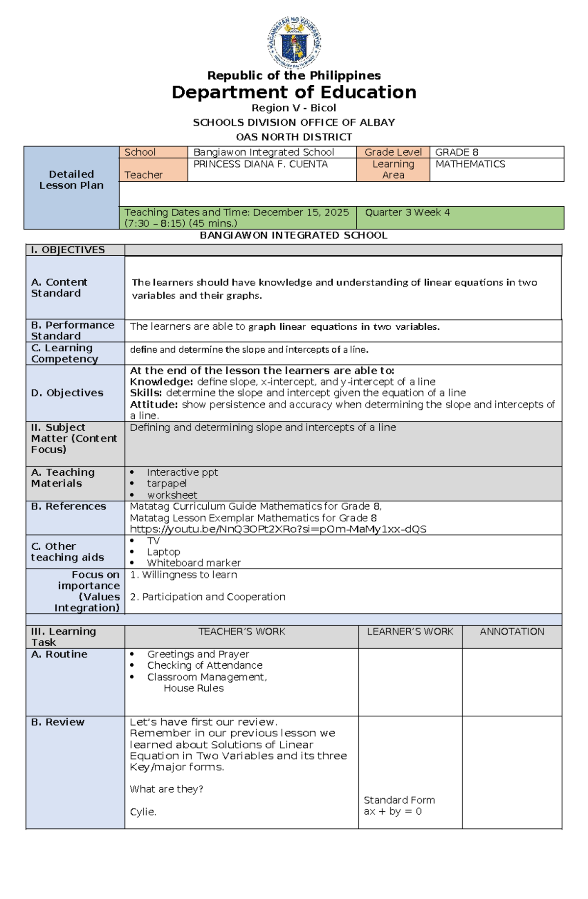 Grade 8 Math Detailed Lesson Plan: Slope & Intercepts (CO 1st Qtr 2025 ...