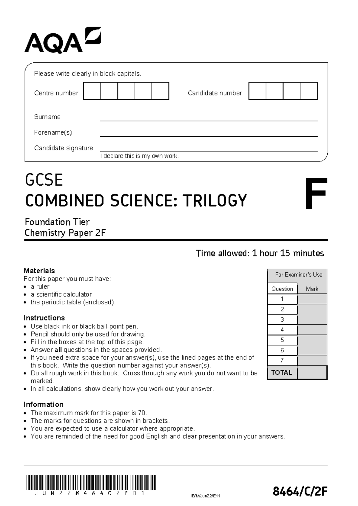 8464C2F QP Combined Science Trilogy: Chemistry Paper 2F Exam - Studocu
