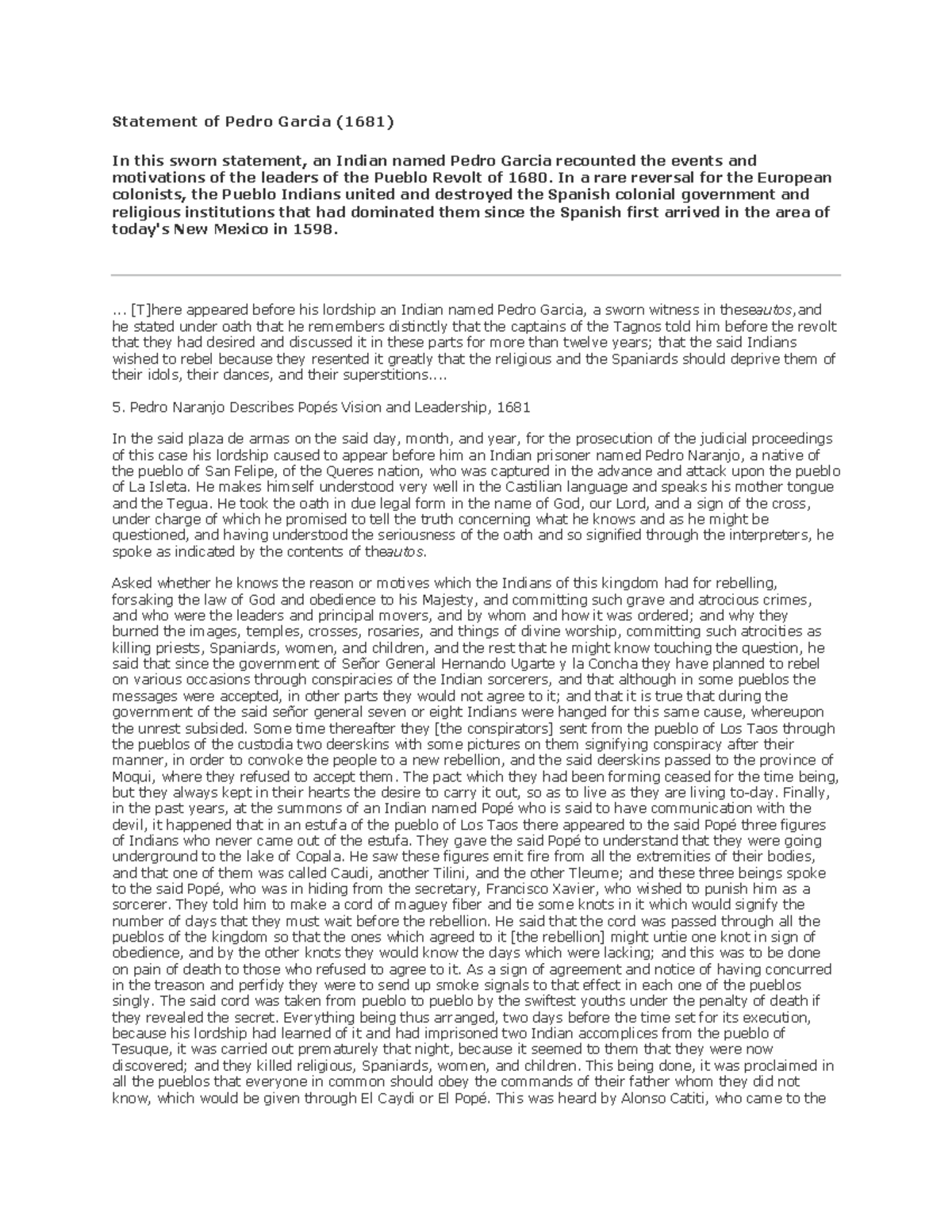 Pueblo Revolt of 1680: Testimonies of Pedro Garcia & Naranjo - Studocu