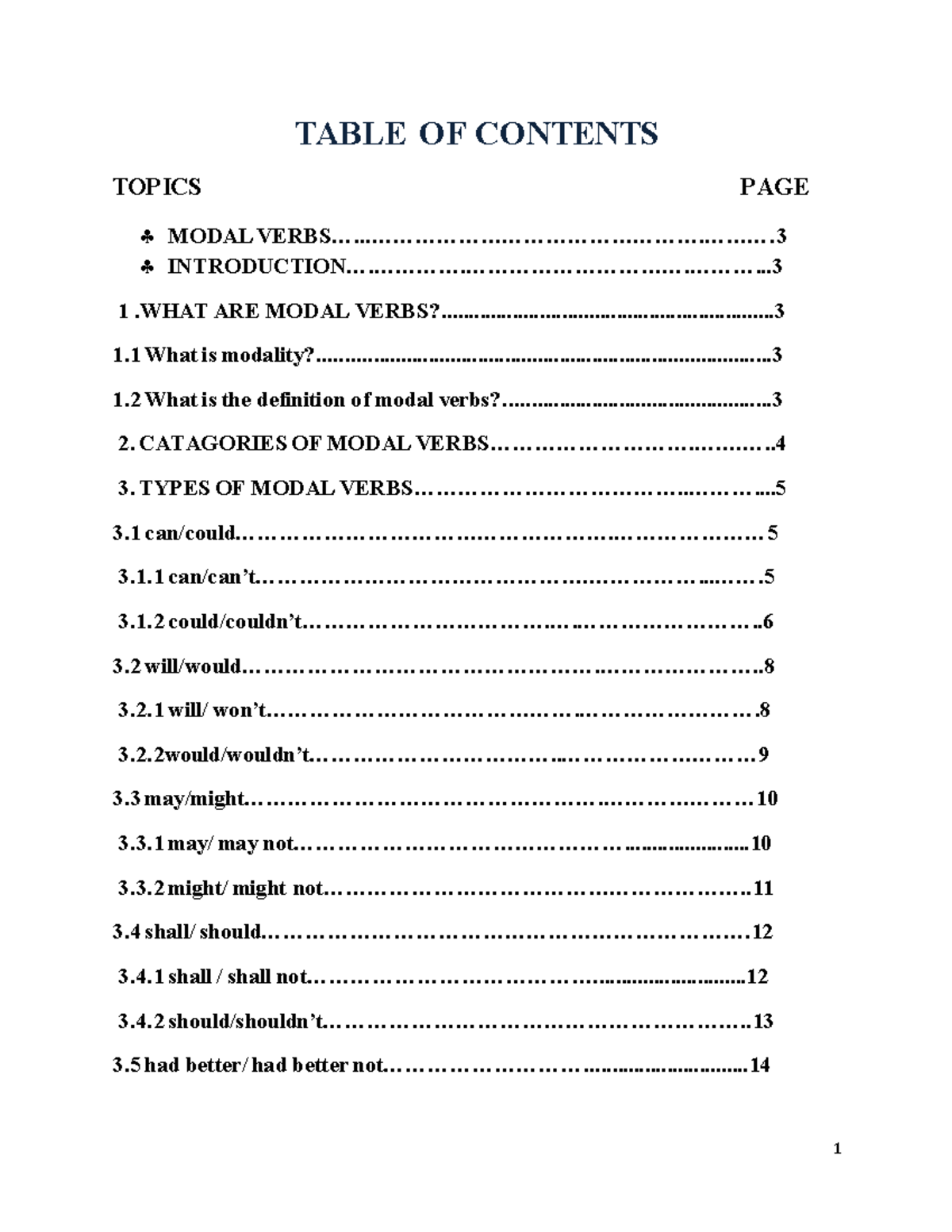 Modal verbs - sgndjkfglih - TABLE OF CONTENTS - MODAL - Studocu