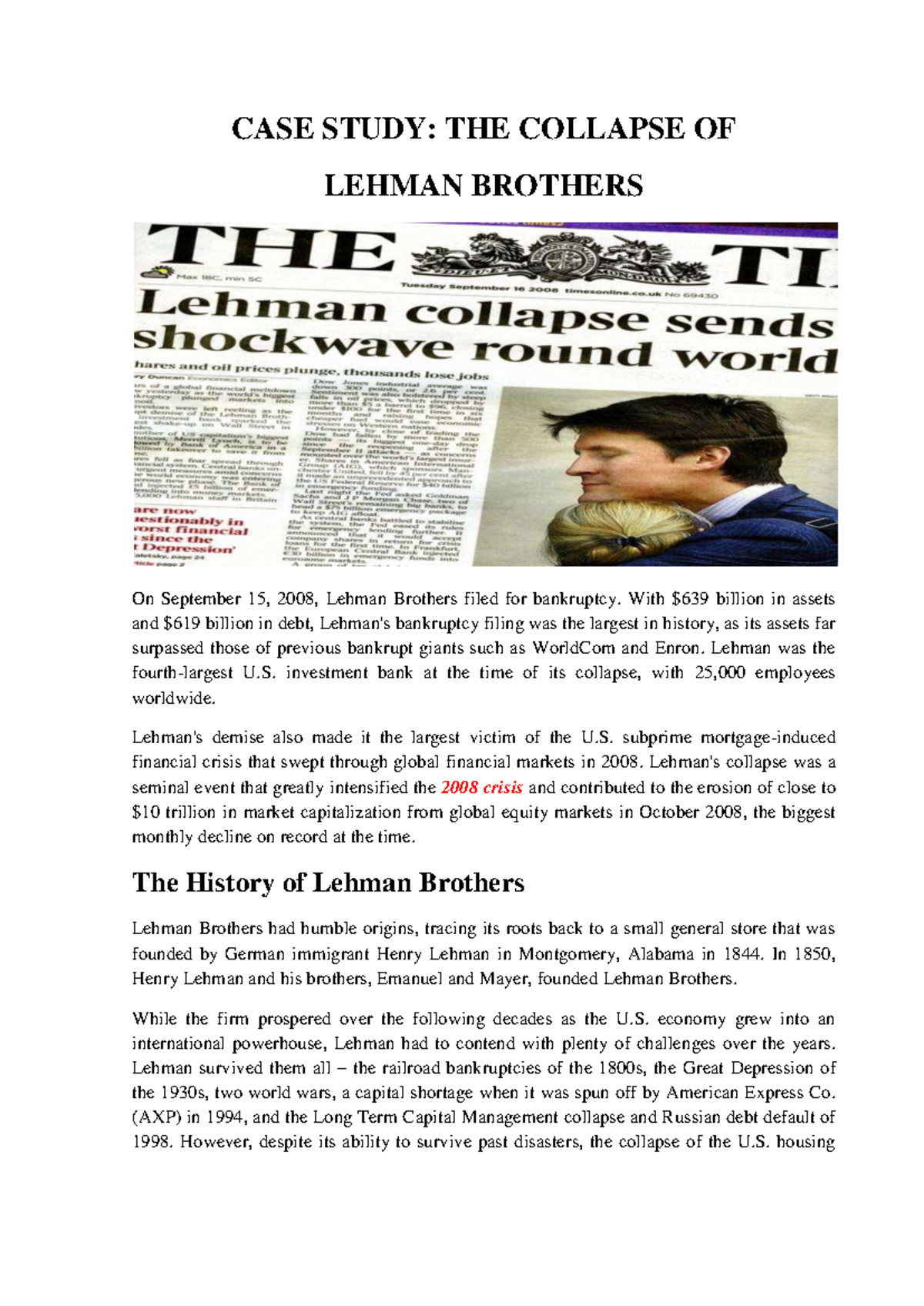 CASE STUDY: THE COLLAPSE OF LEHMAN BROTHERS (FIN 101) - Studocu