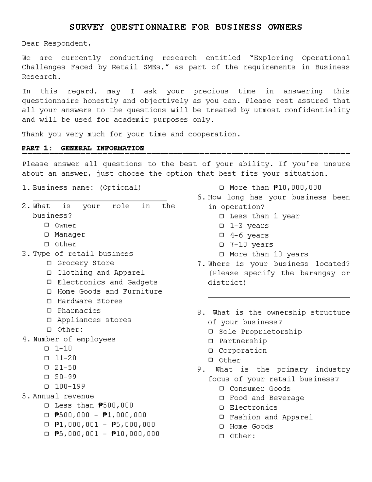 Survey Questionnaire: Operational Challenges for Retail SMEs in ...