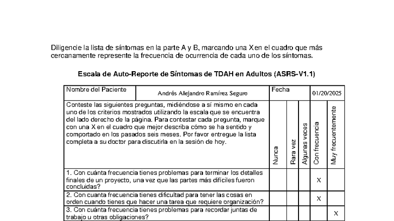 Escala de Auto-Reporte (ASRS) para TDAH en Adultos: Secciones A y B ...