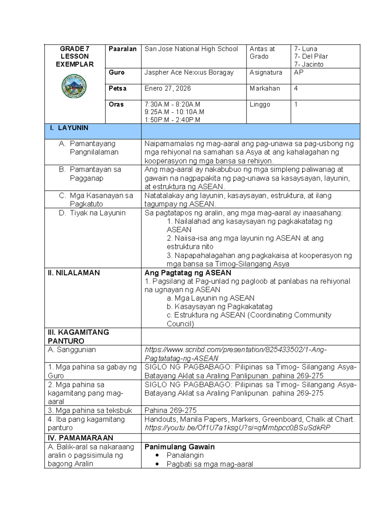GRADE 7 AP LESSON EXEMPLAR: ASEAN and Its Importance - Studocu