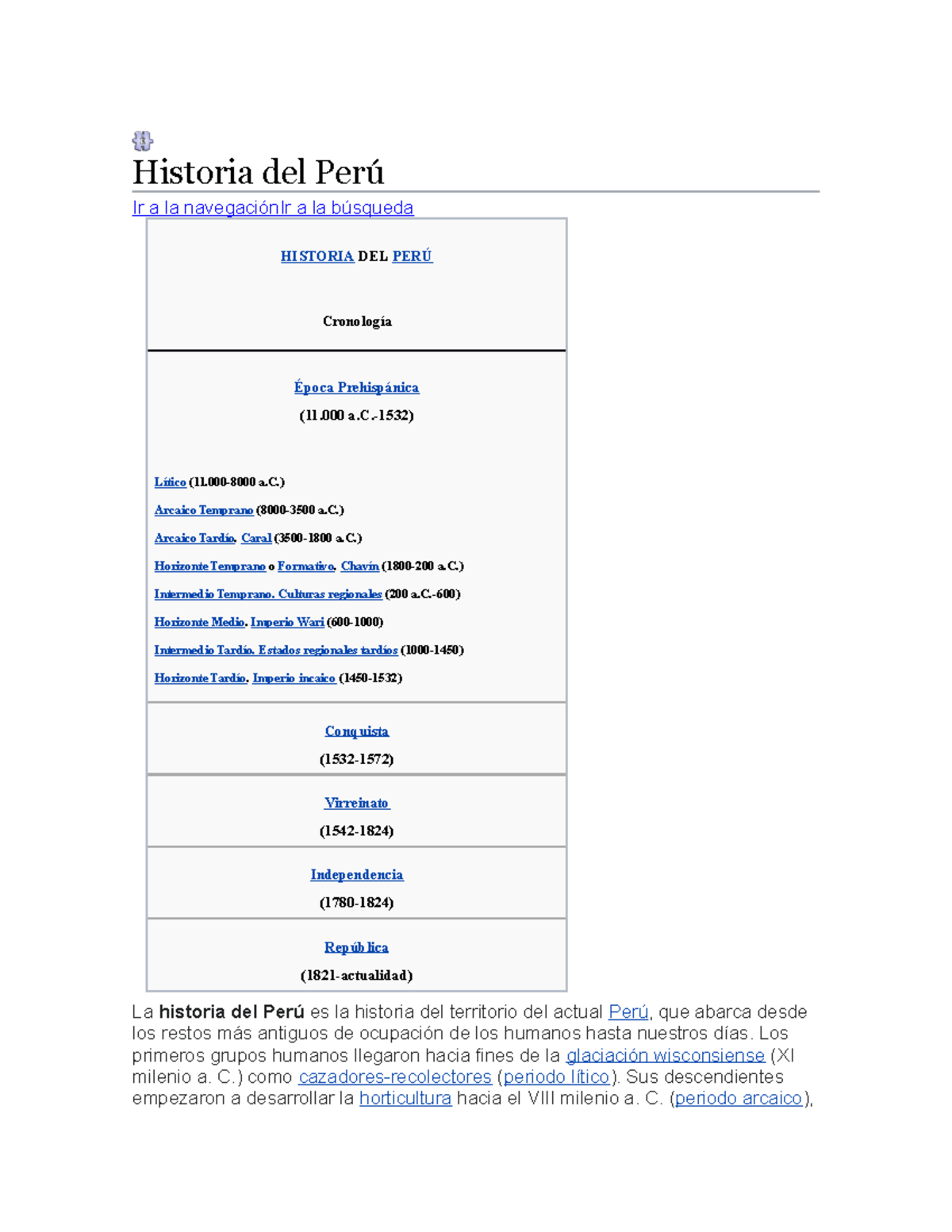 Historia del Perú -1532) Lítico (11-8000 a.) Arcaico Temprano (8000 ...