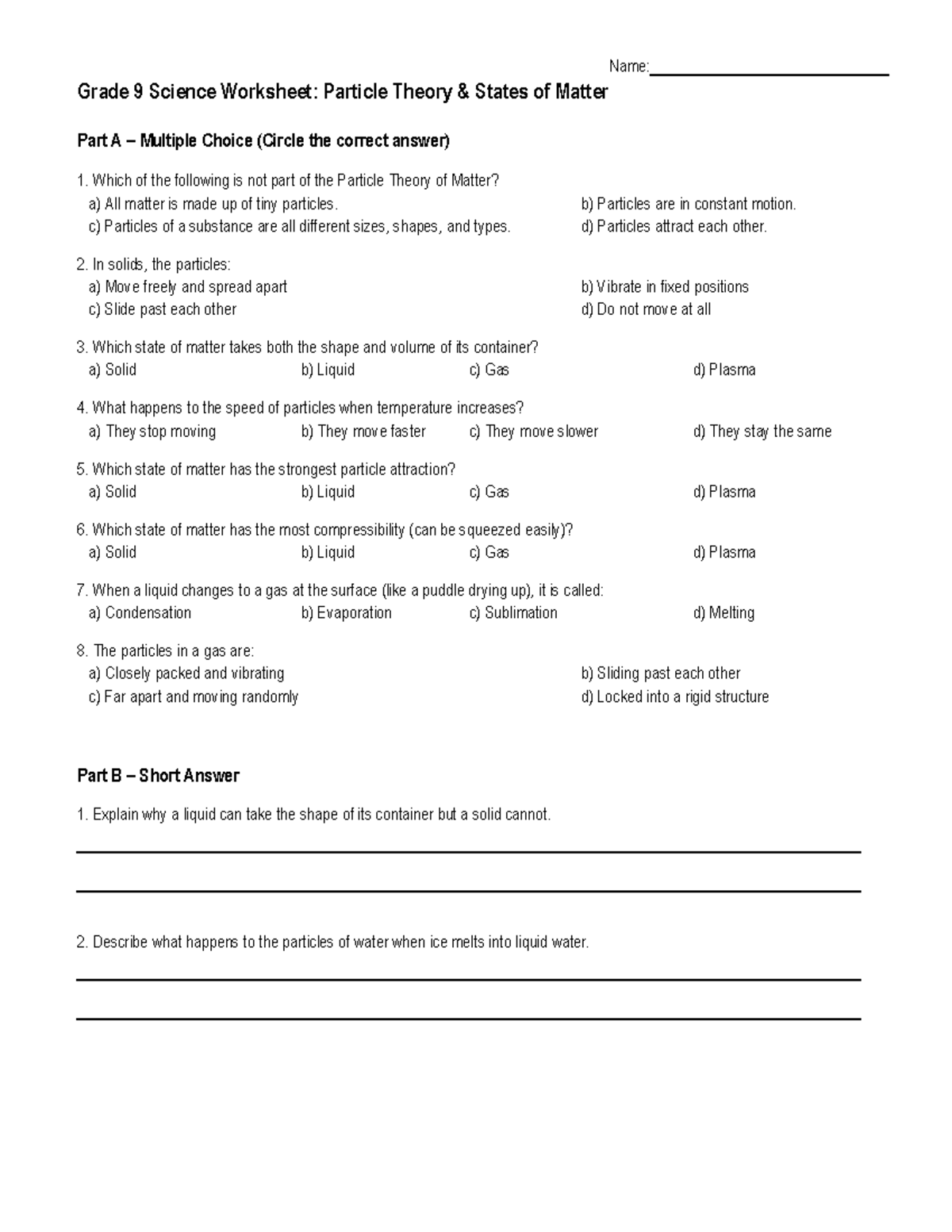 Grade 9 Science: Particle Theory Worksheet 2025 - States of Matter ...