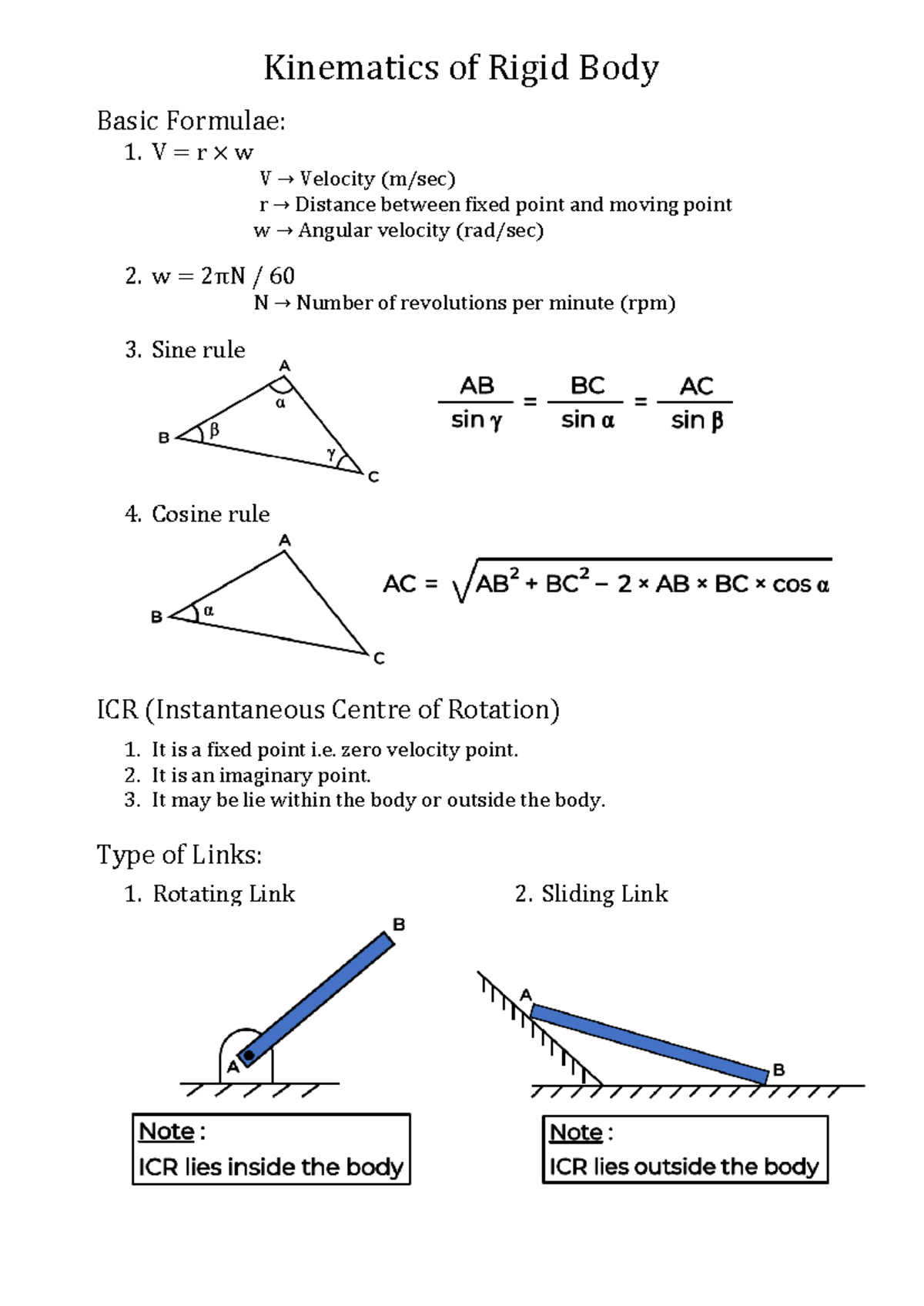 Kinematics of rigid body - Kinematics of Rigid Body Basic Formulae: 1 ...