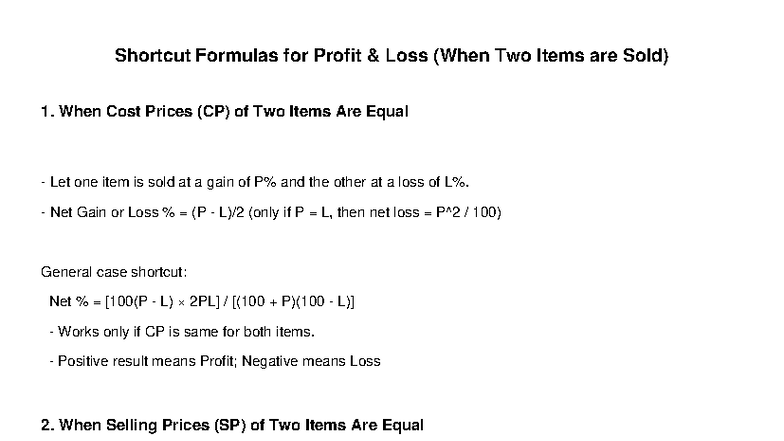 Profit Loss Formula Guide: Shortcut Methods for Two Items - Studocu