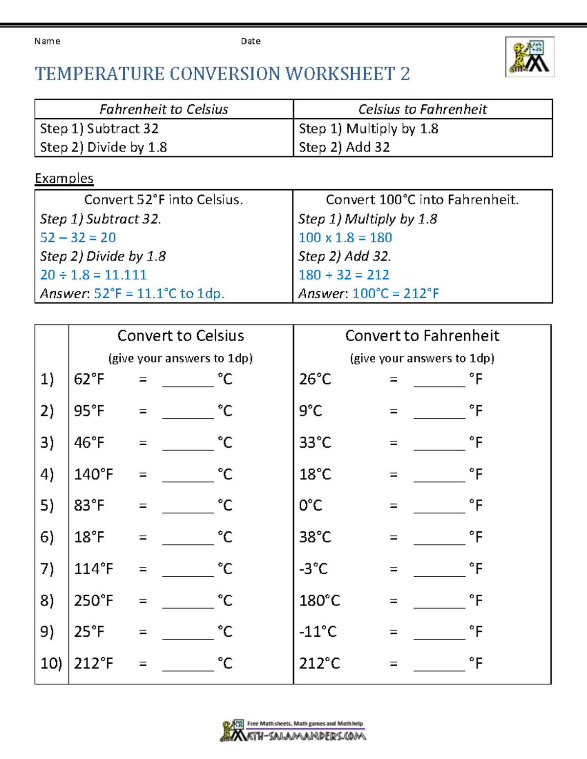Temperature conversion worksheet 2 - Name Date TEMPERATURE CONVERSION ...
