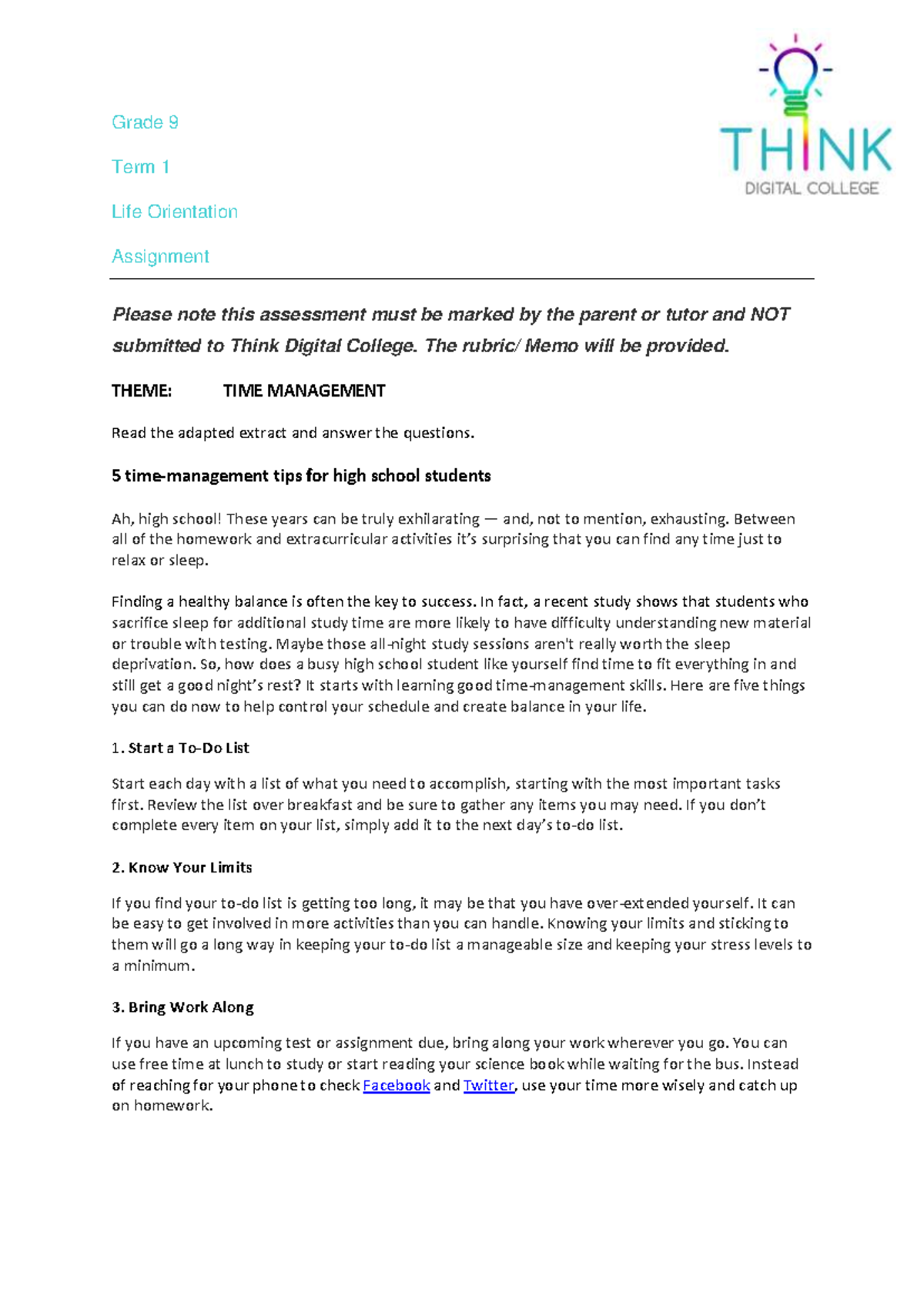 Grade 9 LO Term 1 Assignment: Time Management Strategies - Studocu