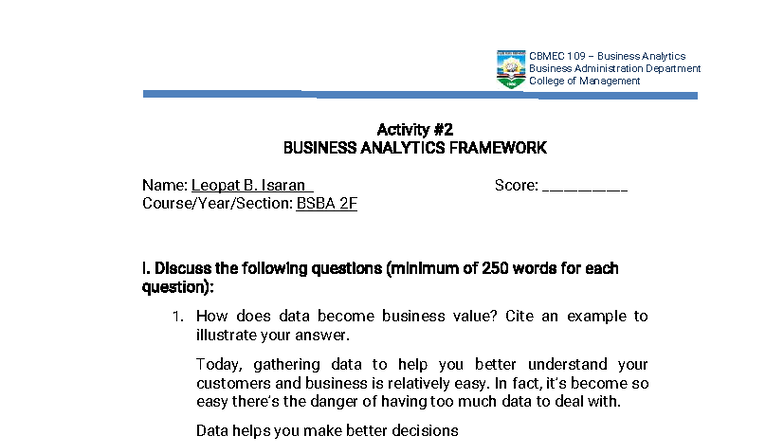 BSBA 2F Activity 2: Business Analytics Framework Insights - Studocu