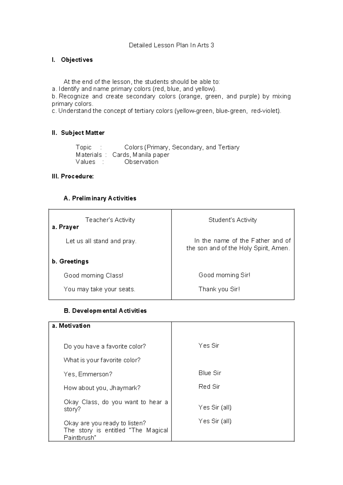 Lesson Plan for Arts 3: Exploring Primary, Secondary & Tertiary Colors ...
