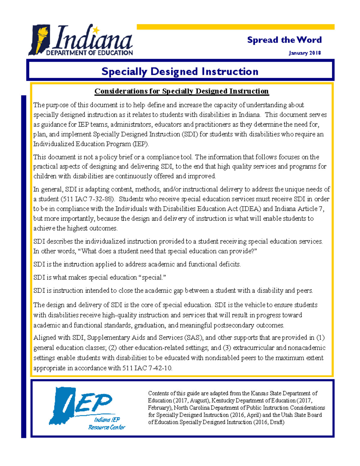 Specially Designed Instruction (SDI) - Lecture Notes on SDI Principles ...