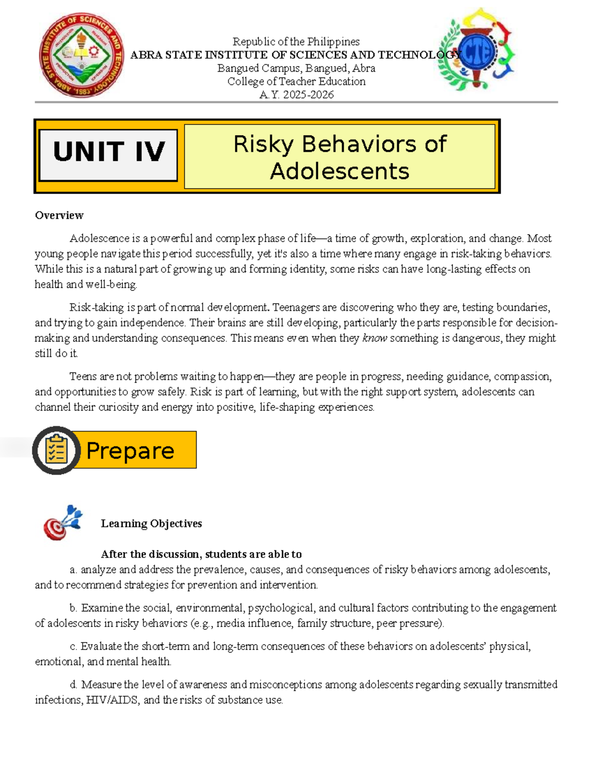 SOC SCI 106Z: Understanding Adolescent Risk Behaviors and Interventions ...