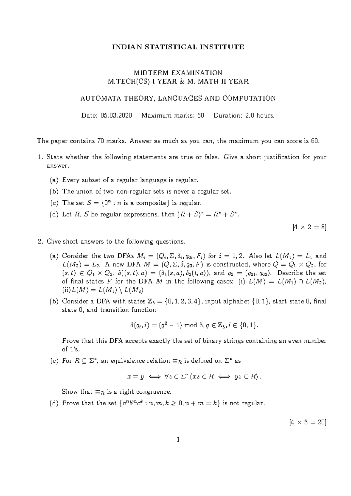 M.TECH(CS) I Year Midterm Exam: Automata Theory & Languages - Studocu