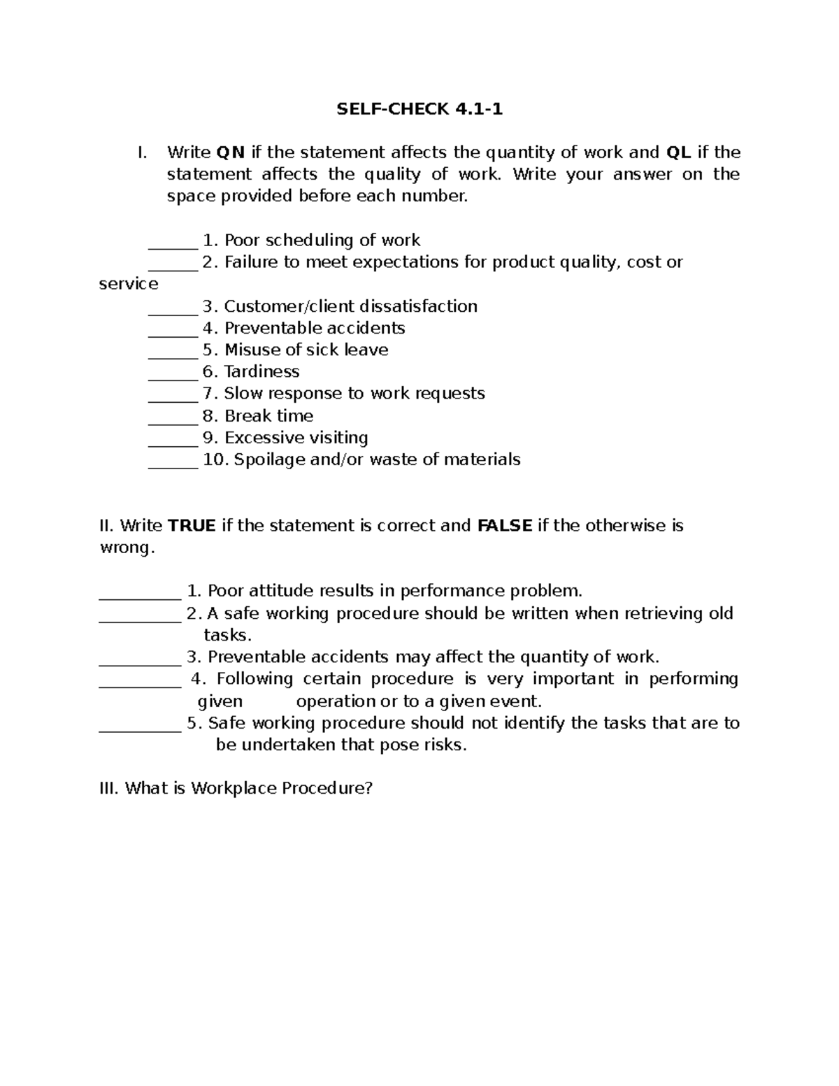 Quality System Contribution - Quiz 4: Self-Check & Standards - Studocu