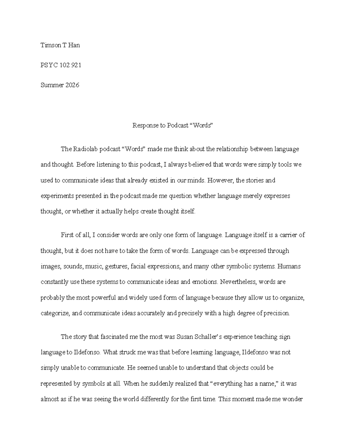 Response to Podcast 3: Language and Thought in PSYC 102 921 - Studocu