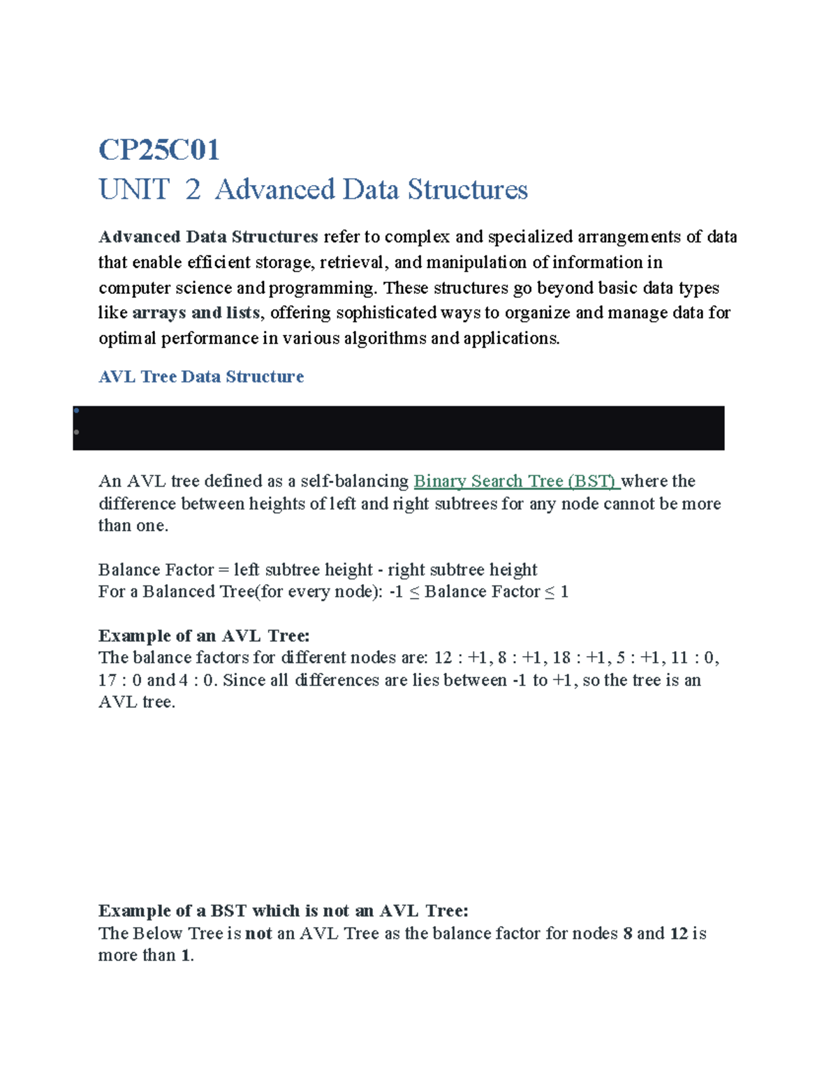 CP25C01 UNIT 2 Advanced Data Structures: AVL Trees and Segment Trees ...
