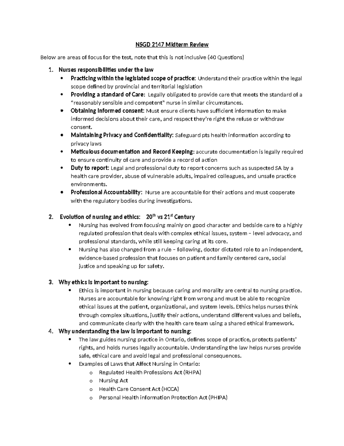 NSGD 2147 Midterm Exam Review: Key Legal and Ethical Concepts in ...
