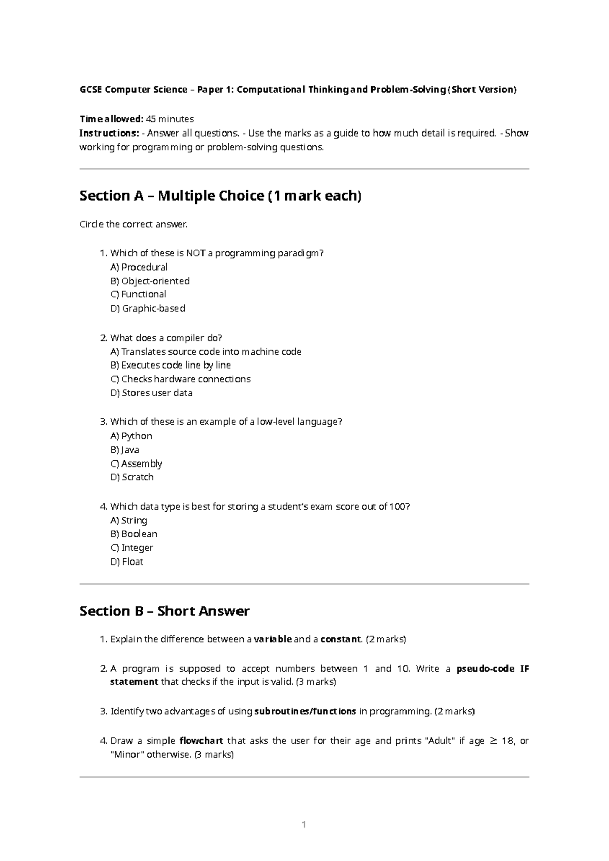 GCSE Computer Science Paper 1: Computational Thinking Exam Guide - Studocu