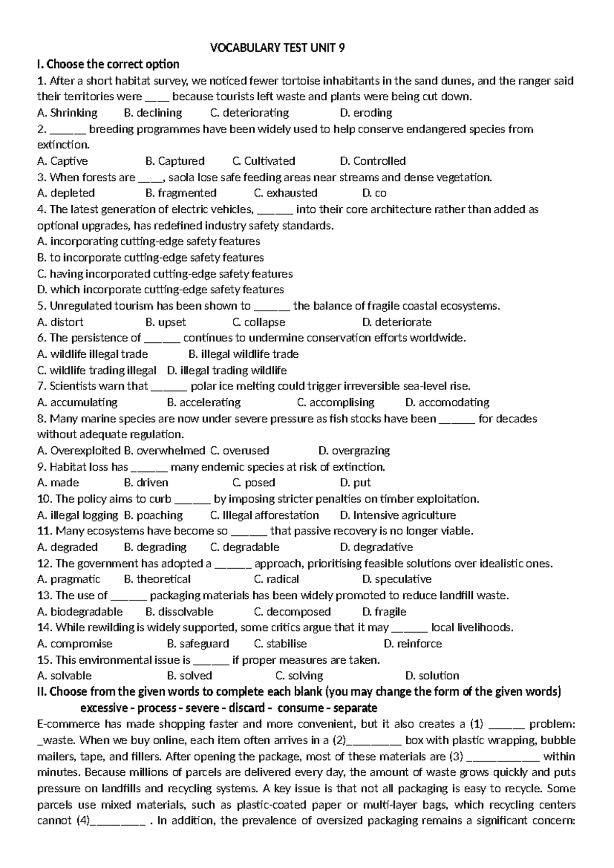 Vocabulary Test Unit 9: Environmental Issues and Solutions - Studocu