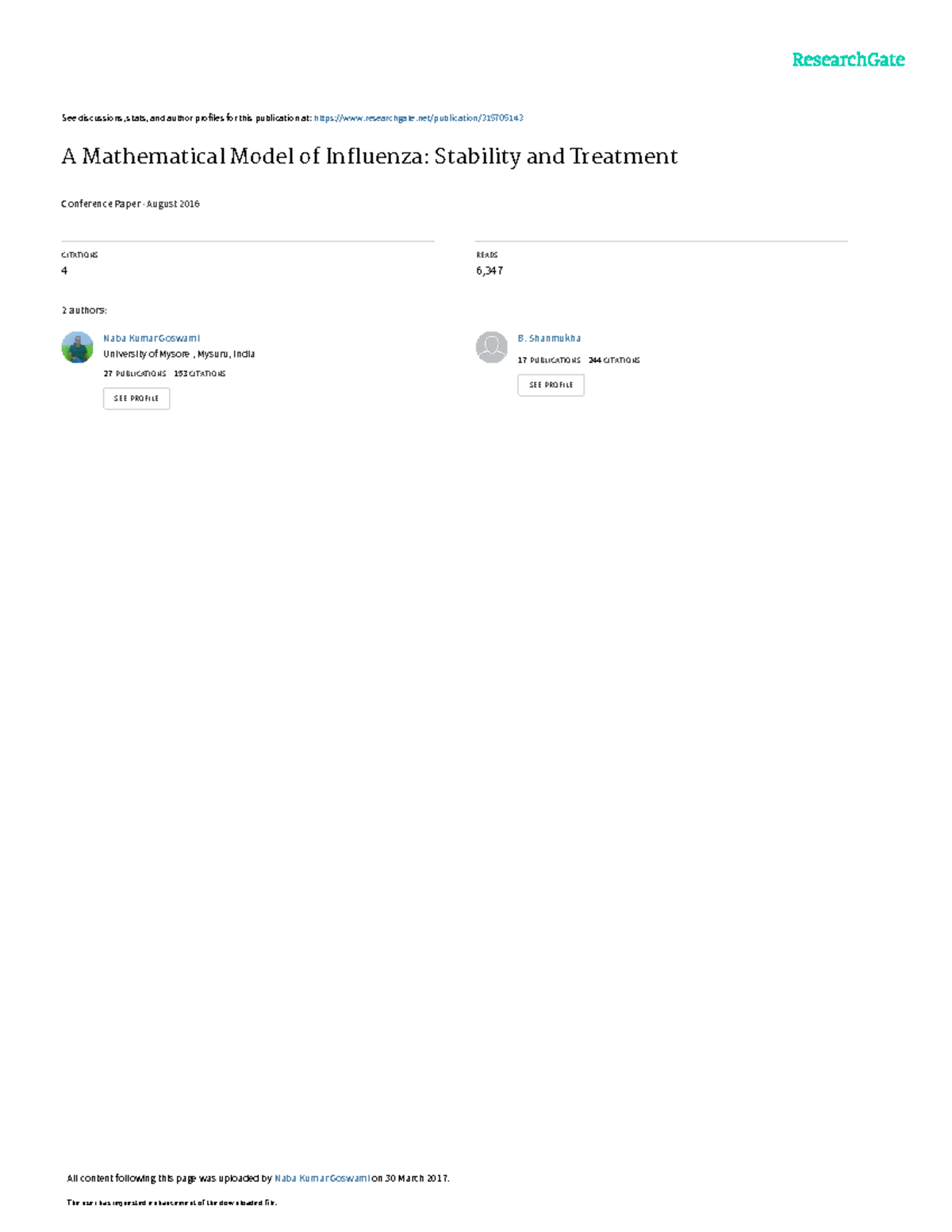 A Mathematical Model of Influenza: Stability & Treatment (ICMMS 16 ...