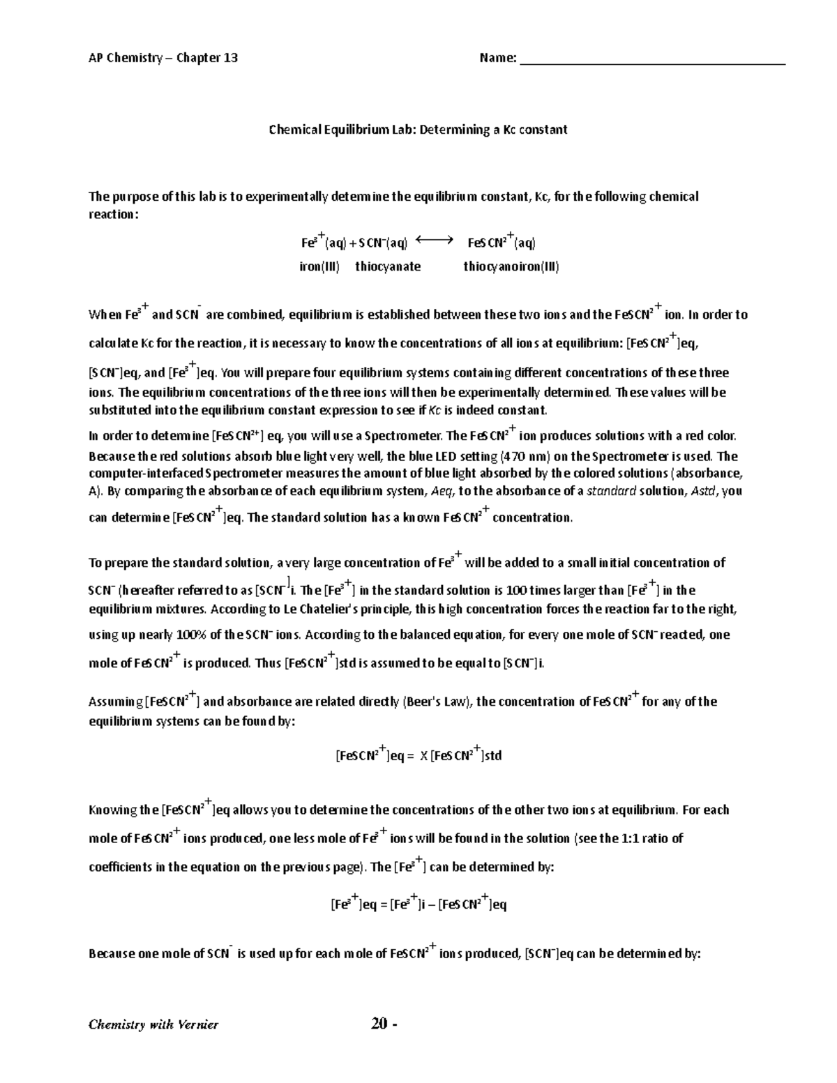 AP Chem - Chemical Equilibrium Lab: Determining Kc Constant - Studocu