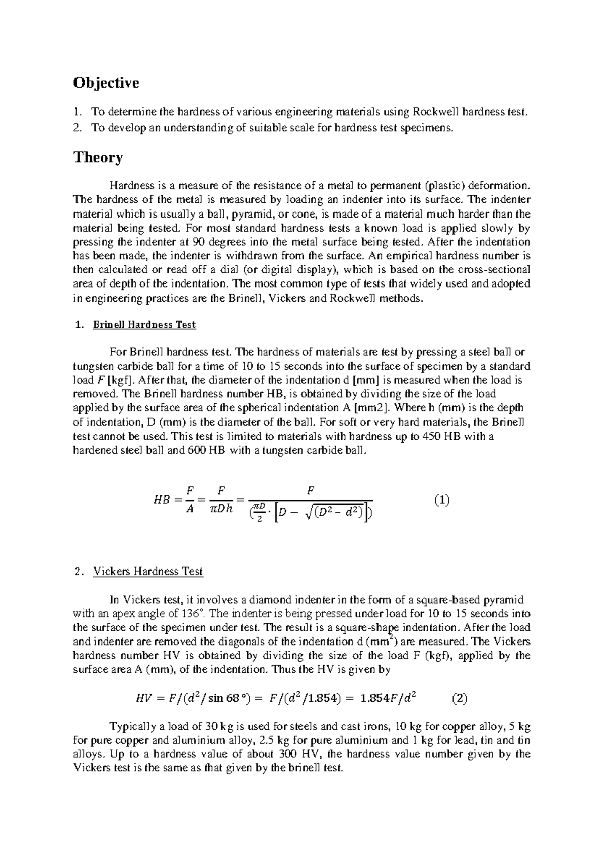 168547658 Hardness Test Lab Report pdf - Objective To determine the ...