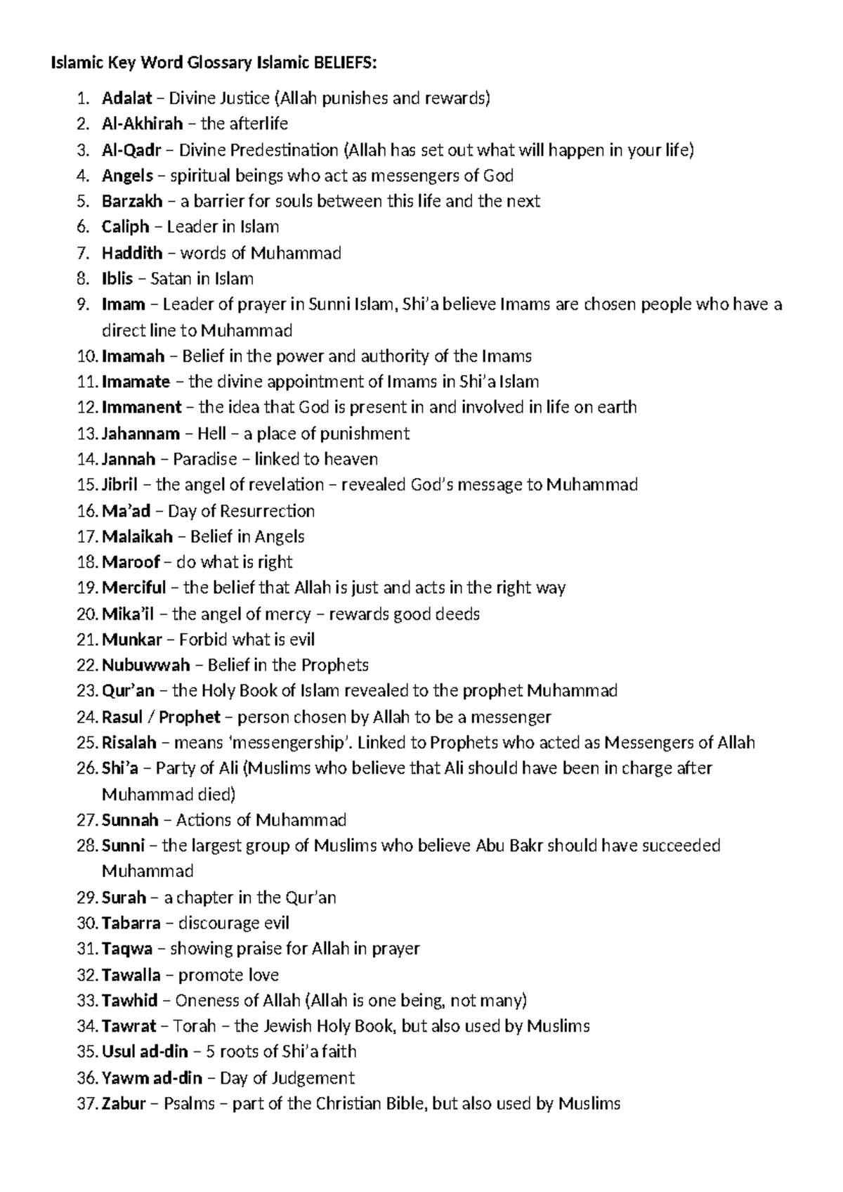 Islamic BELIEFS Glossary: Key Terms and Definitions - Studocu