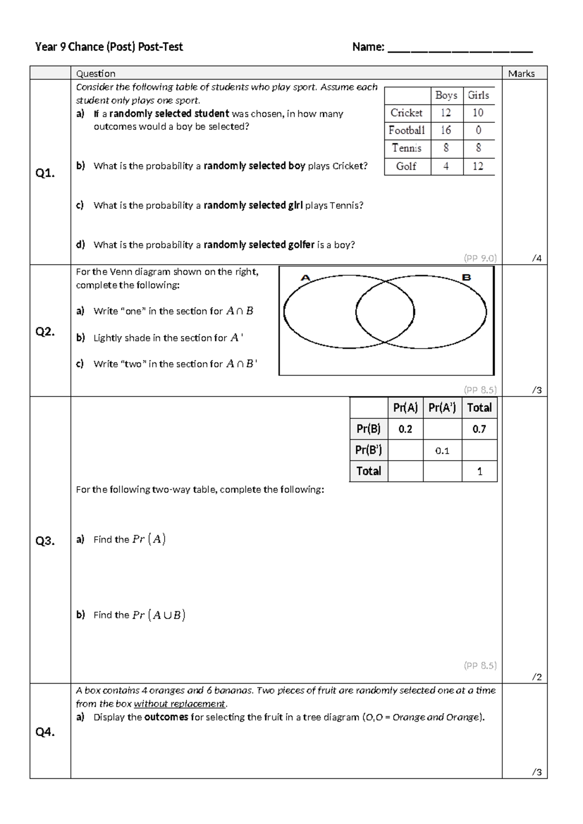 Year 9 Probability Practice Test 2: Chance Concepts and Questions - Studocu