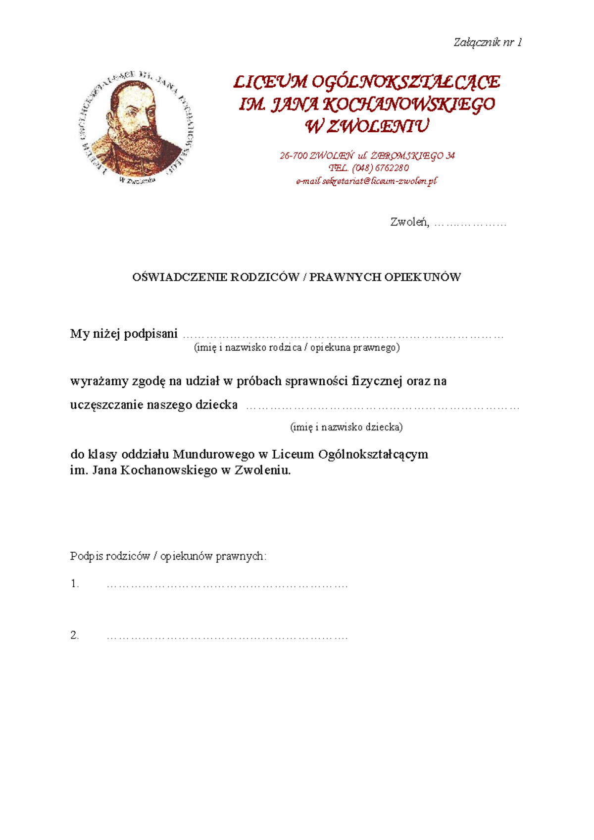 Oświadczenie rodziców - opiekunów - Załącznik nr 1 LICEUM ...