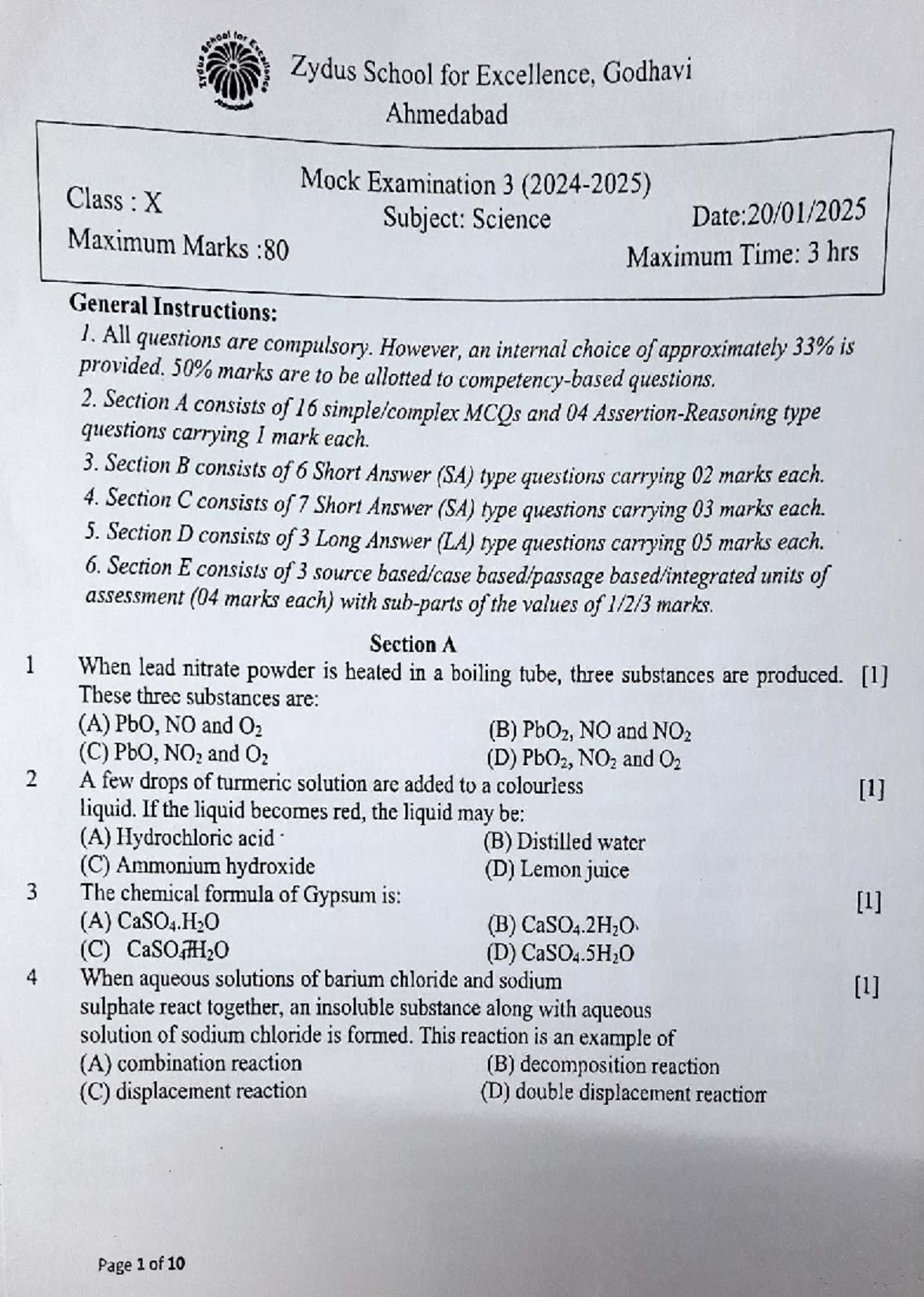 Science Mock Exam 3 - Class X - Zydus School for Excellence - Studocu
