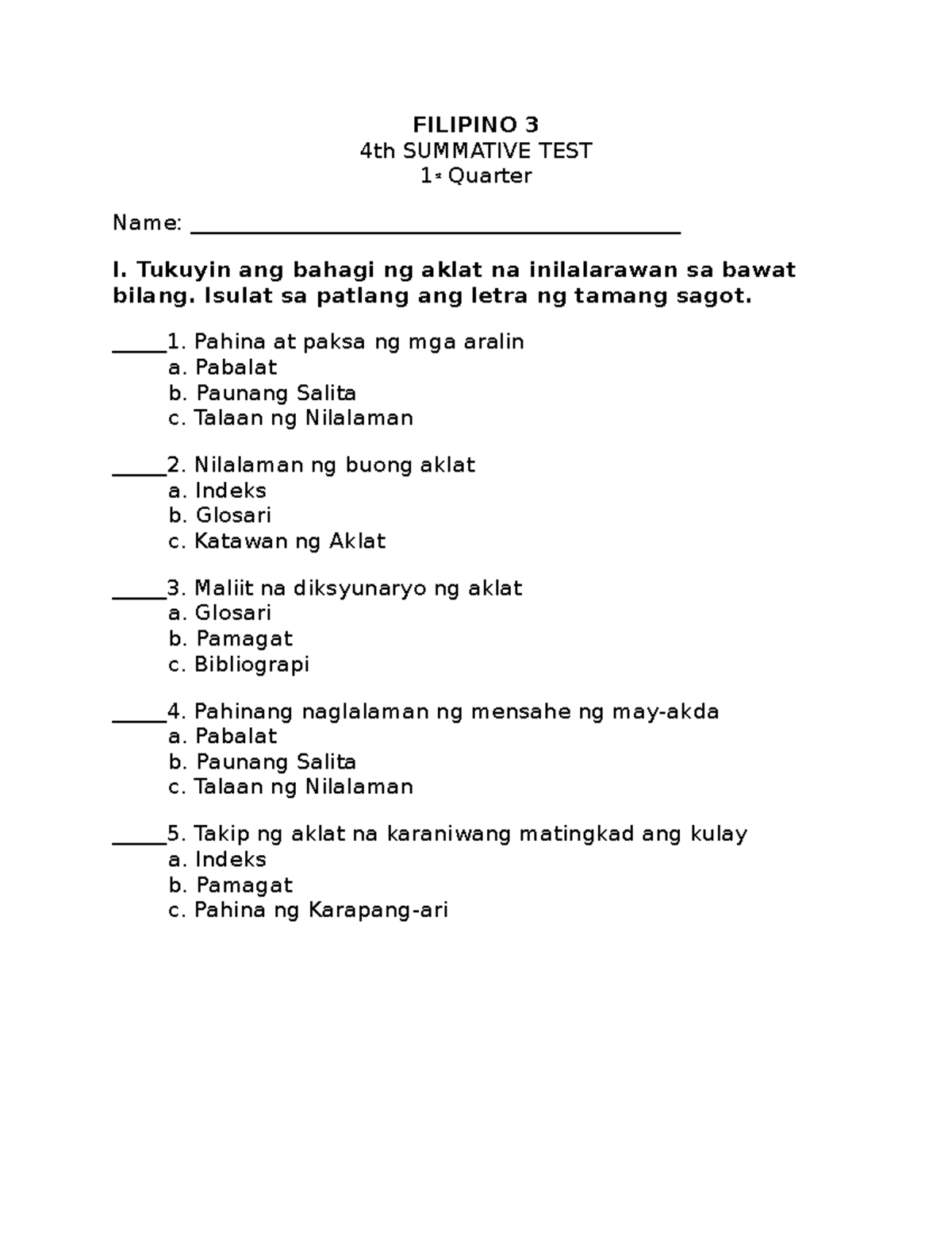 Summative Test Fil3 - Filipino Test - FILIPINO 3 4th SUMMATIVE TEST 1 ...