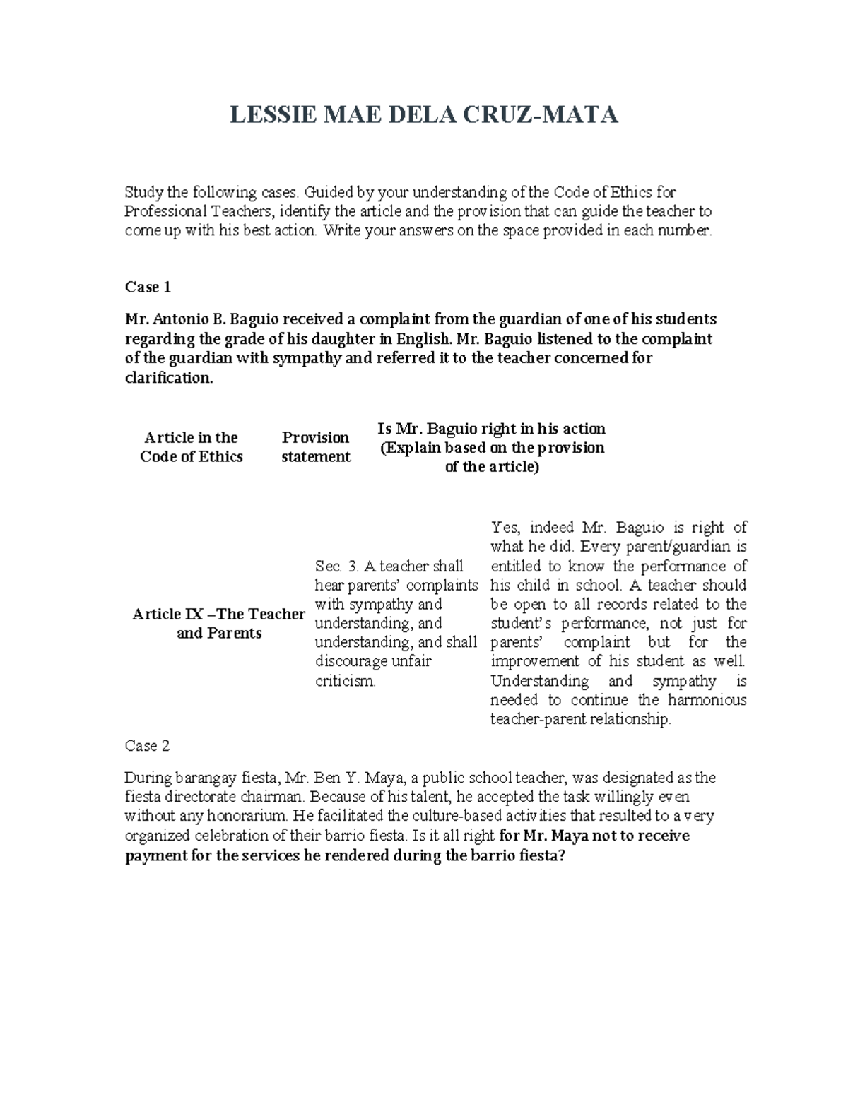 537222268-Case-Analysis - LESSIE MAE DELA CRUZ-MATA Study the following cases. Guided by your ...