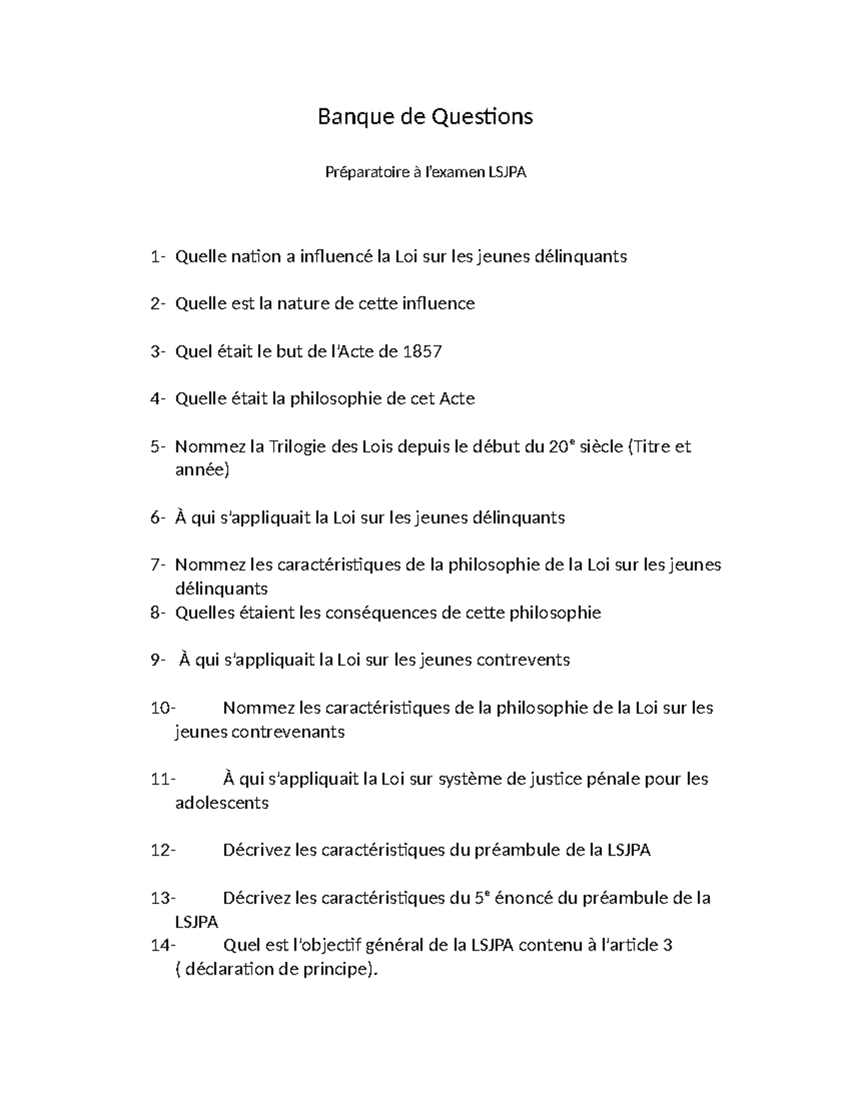Banque de Questions pour l’Examen LSJPA - Jeunes Délinquants - Studocu