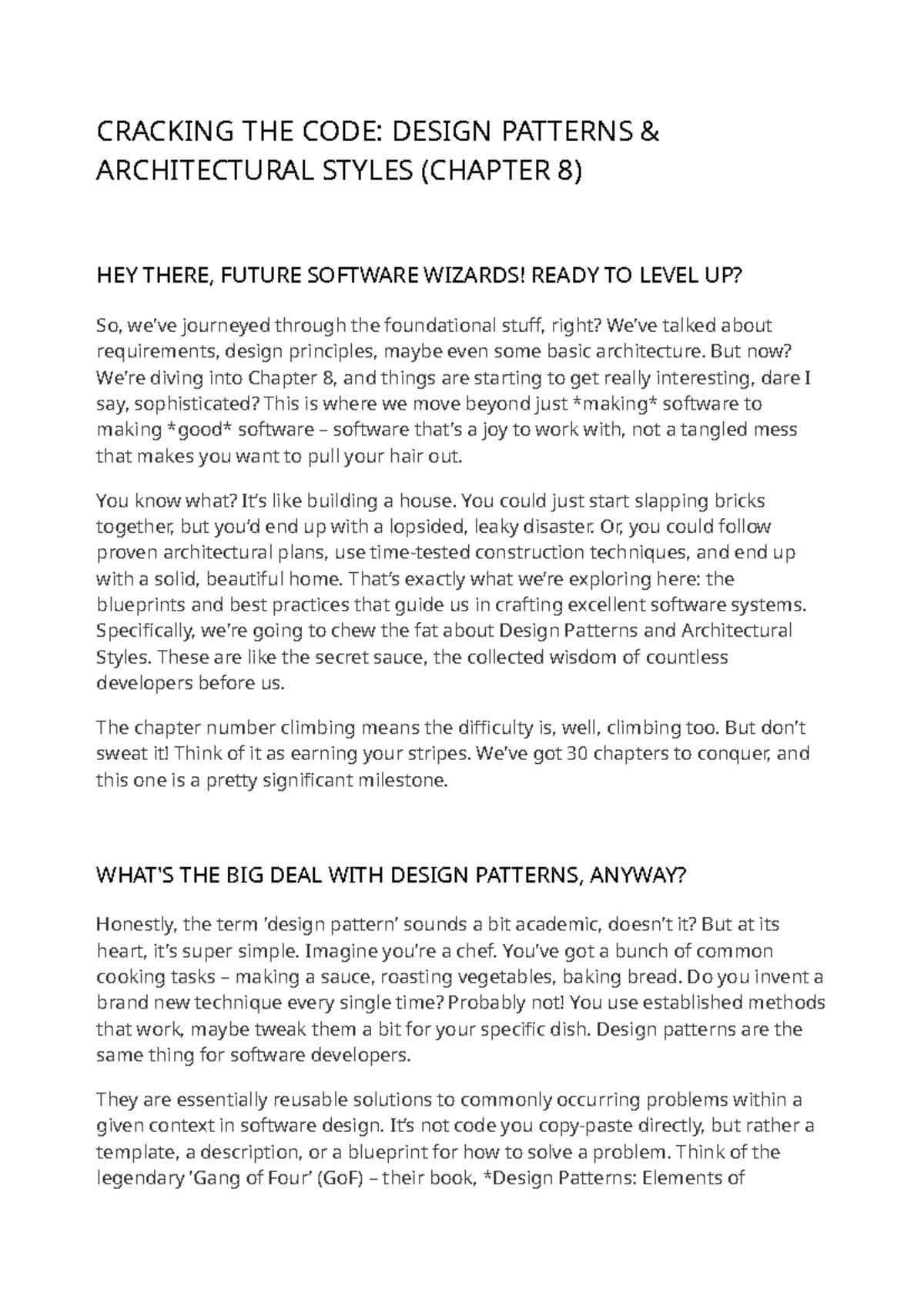 Software Engineering Insights: Design Patterns & Architectural Styles (Chapter - Studocu