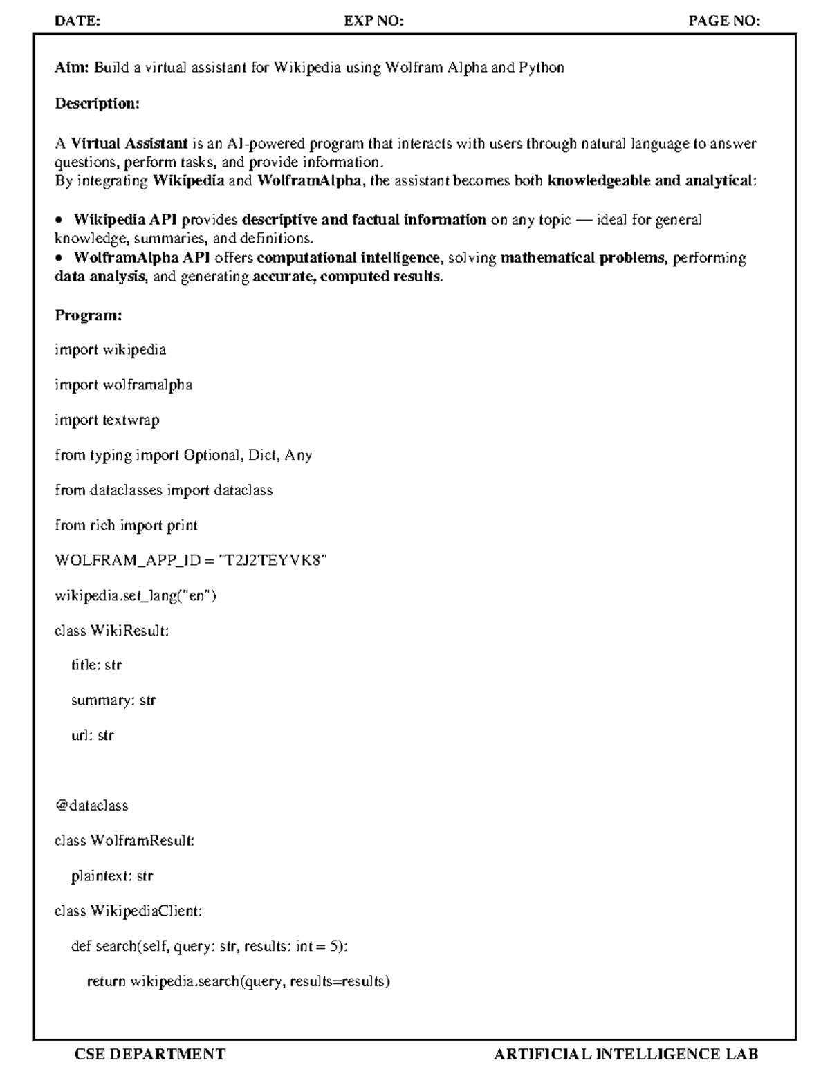 CSE AI LAB: Building a Virtual Assistant with Wikipedia & Wolfram Alpha - Studocu