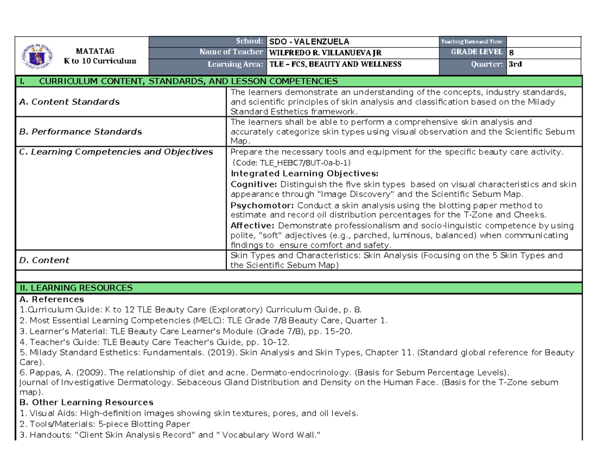 TLE 8 Lesson Plan: Skin Analysis & Types (3rd Quarter) - Studocu