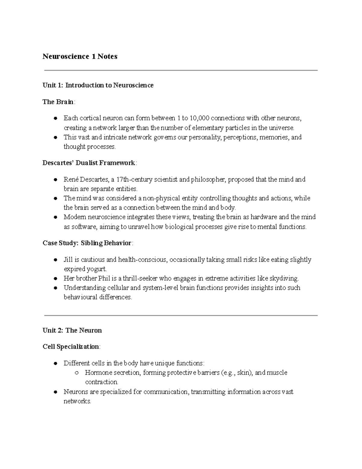 Neuroscience 1 Notes: Intro to Brain & Neuron Functions - Studocu