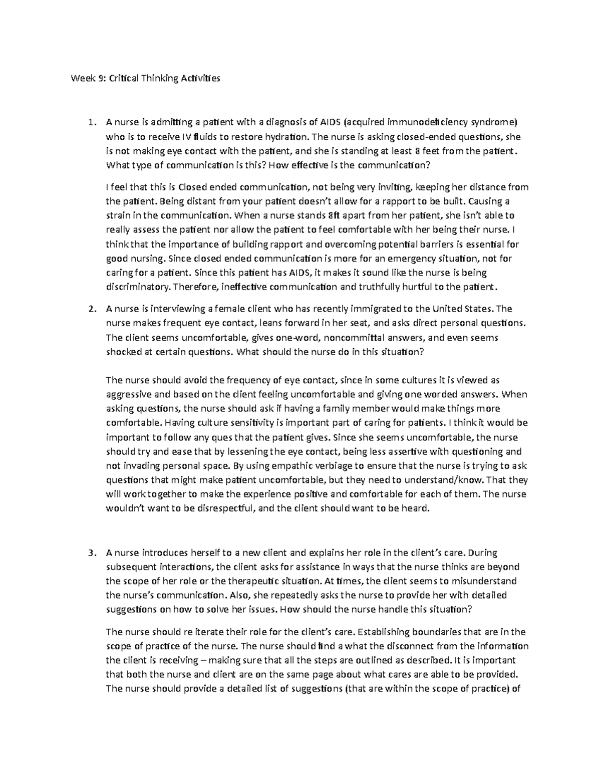 Critical Thinking Wk 9 - Nursing Communication Scenarios Essay - Studocu