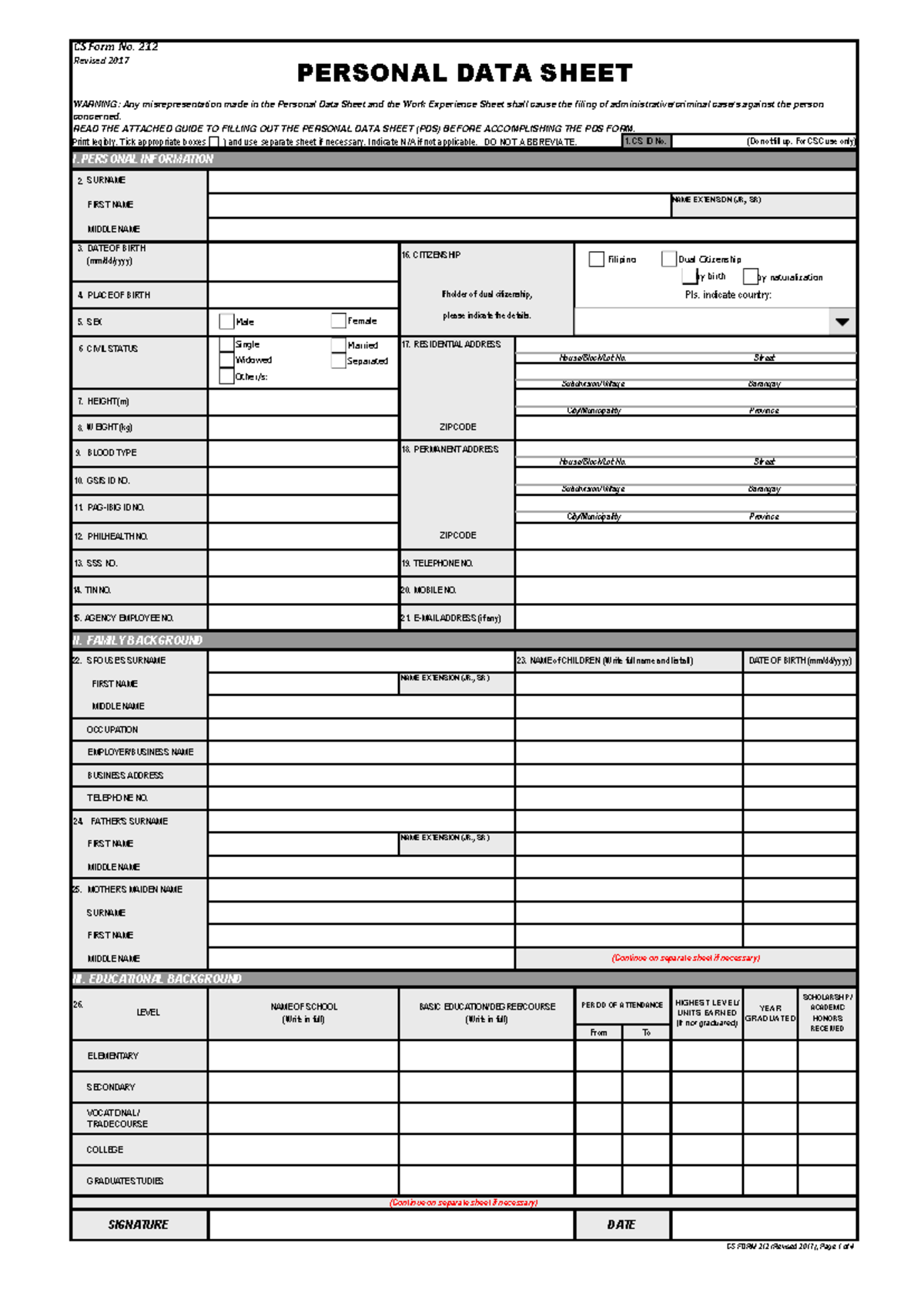 PDF CSC Personal Data Sheet PDS 2017 Page1 - Print legibly. Tick ...