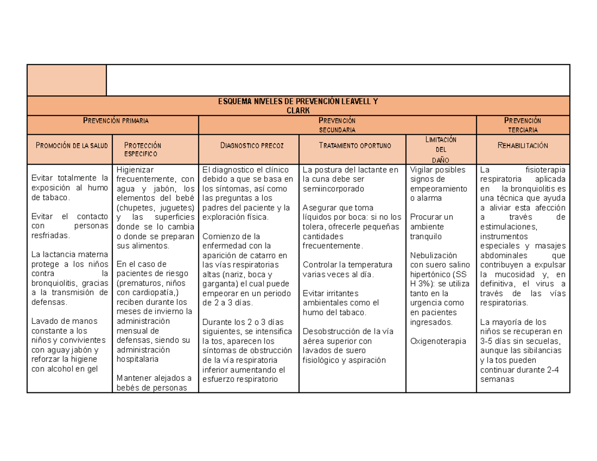 Esquema Niveles DE Prevención Leavell Y Clark - ESQUEMA NIVELES DE ...
