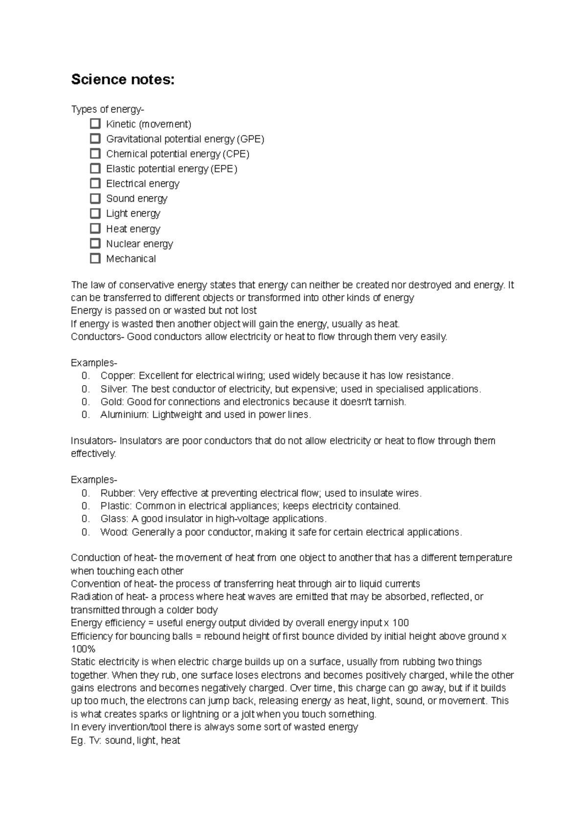 Science Notes: Energy Types & Conservation - Yr8 - Studocu