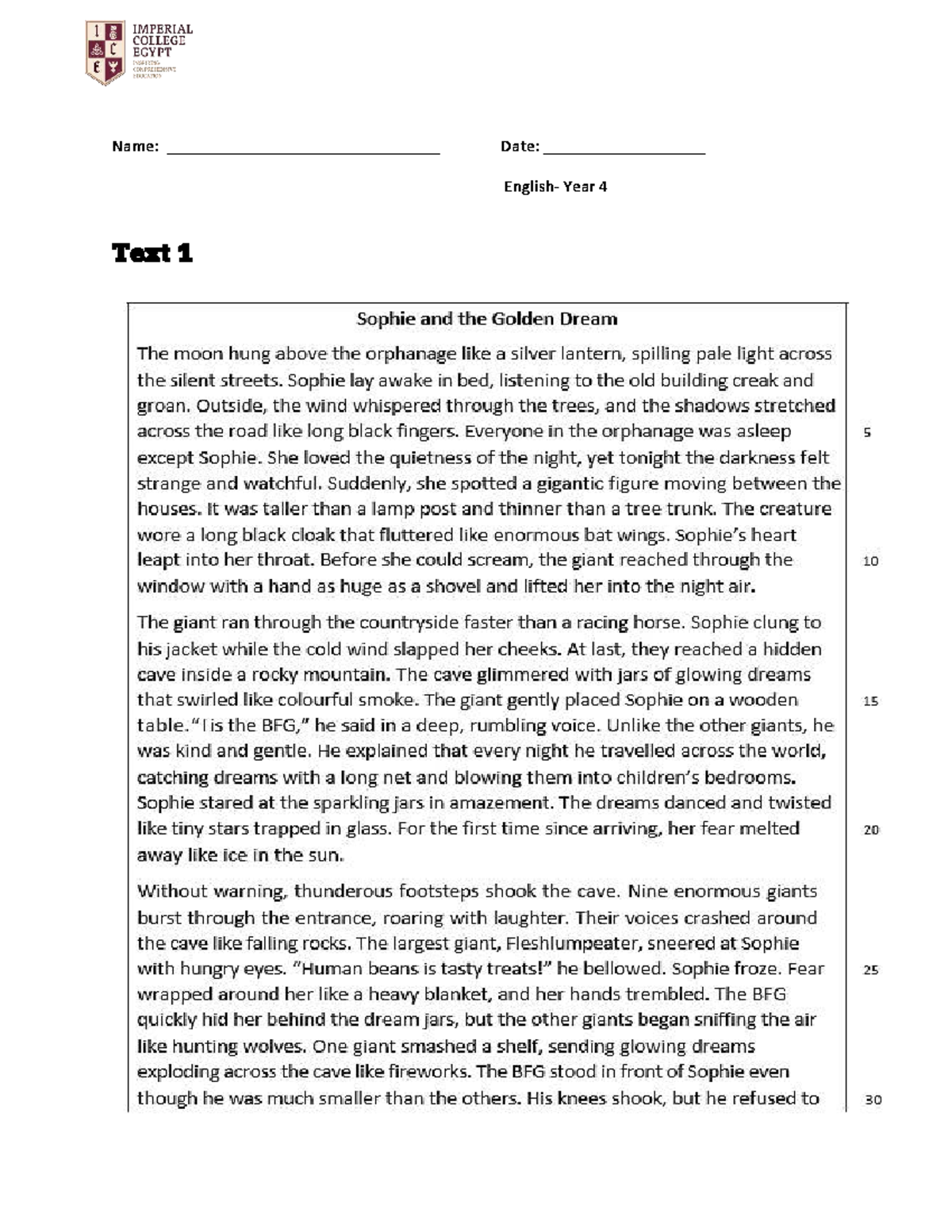 Final Comprehension Practice: Year 4 Text Analysis and Questions - Studocu