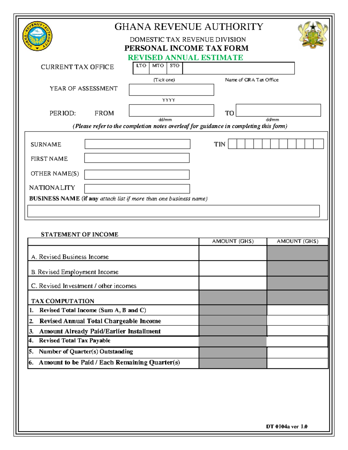DT 0104a Revised Personal Income Tax Self-Assessment Form - Studocu