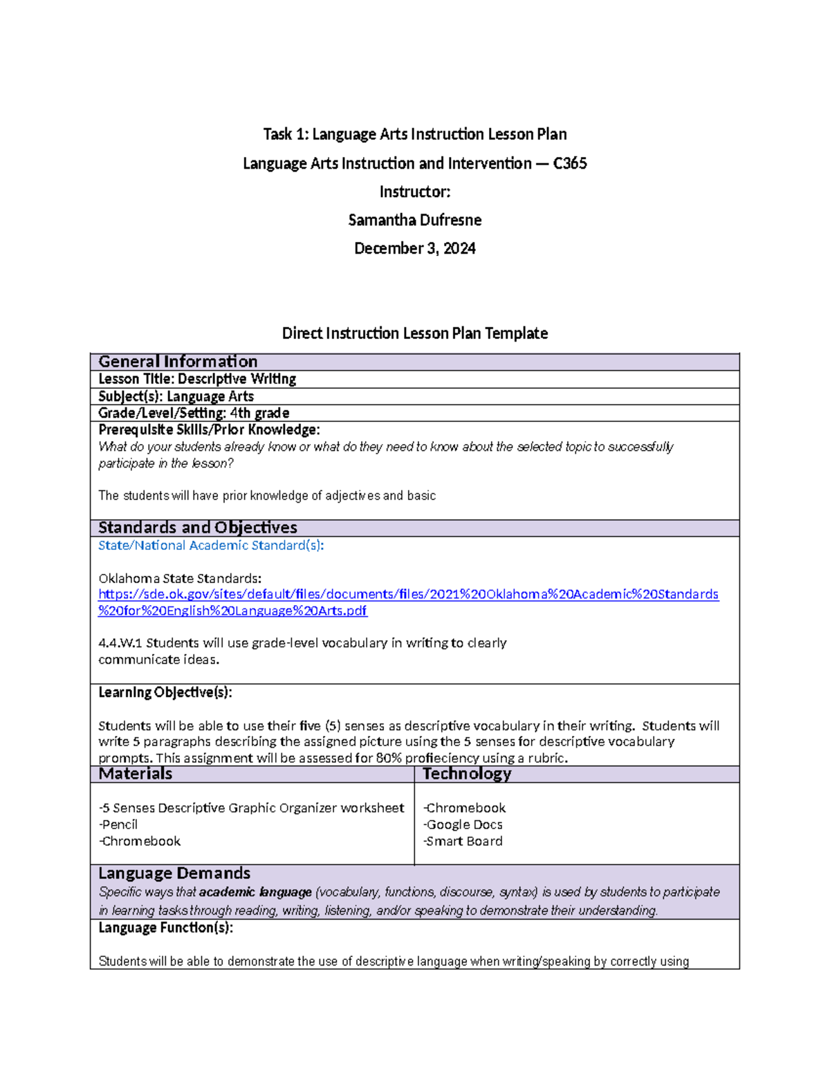 C365 Lesson Plan SDufresne - Task 1: Language Arts Instruction Lesson Plan Language Arts ...